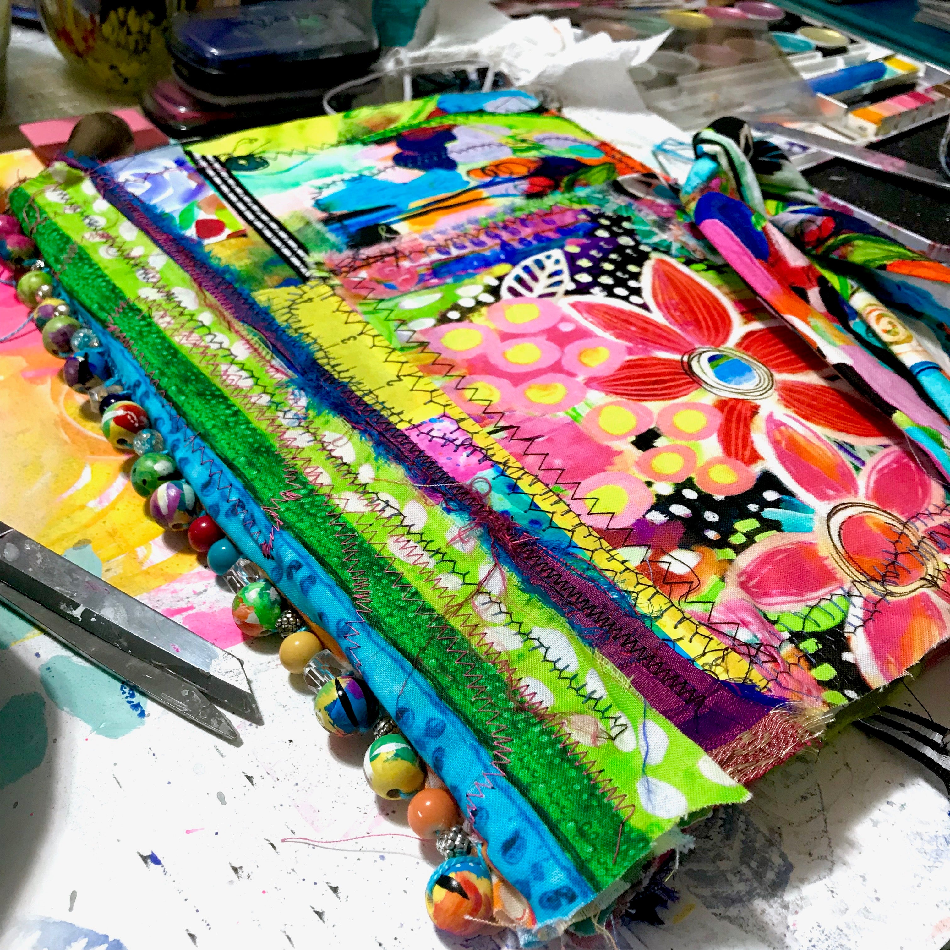 Patchwork journal cover with Euphoria fabric Line, and handmade wooden ...